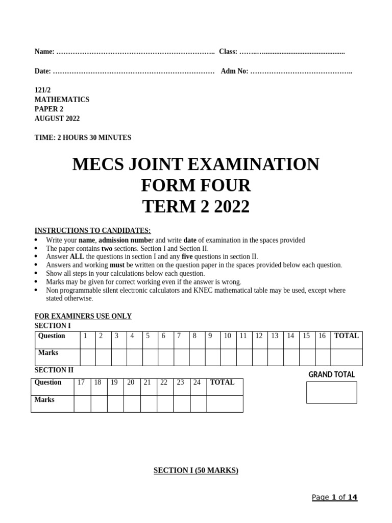Form 4 Math Exam Paper 2 August 2022 | PDF | Circle | Mathematical Objects