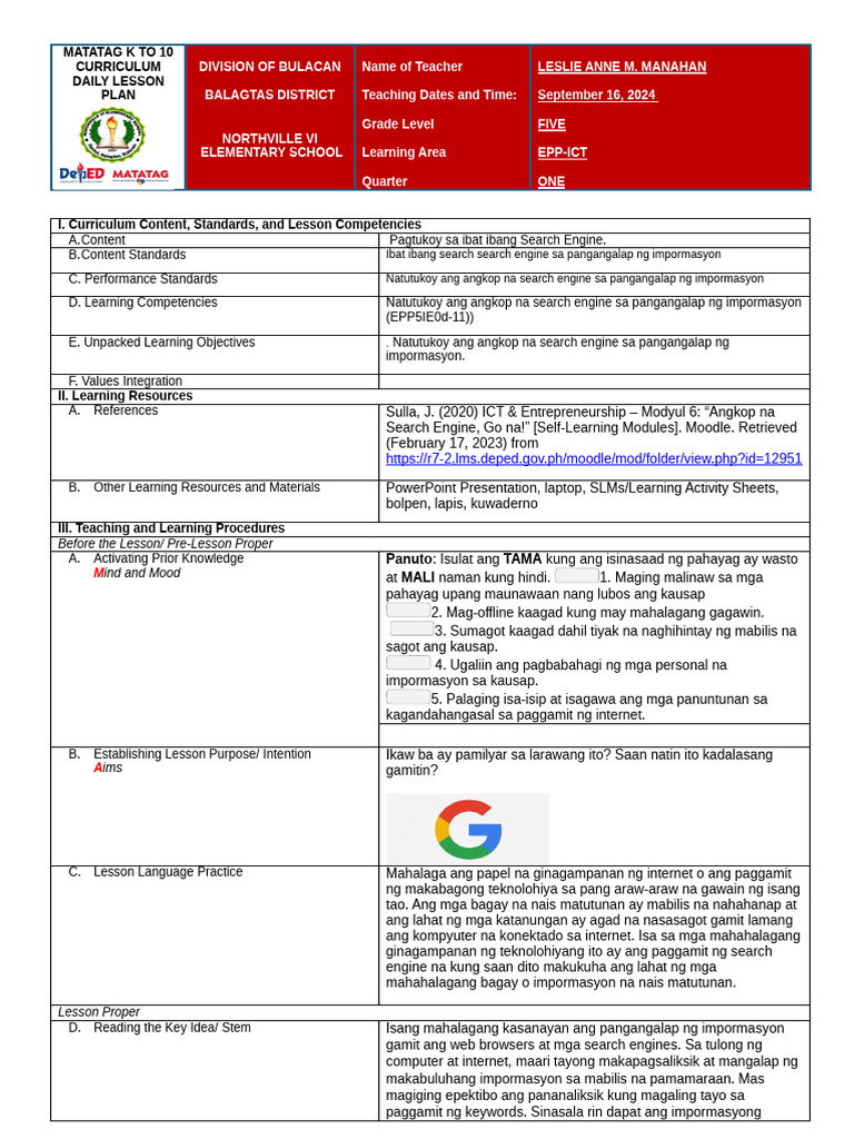Matatag Daily Lesson Plan Epp September 162024 | PDF