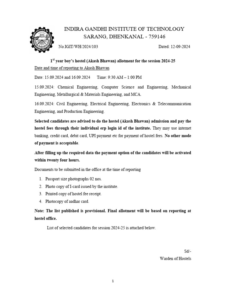 1st Year Boys Hostel (Akash Bhawan) Allotment 2024-25 1726118721 | PDF ...