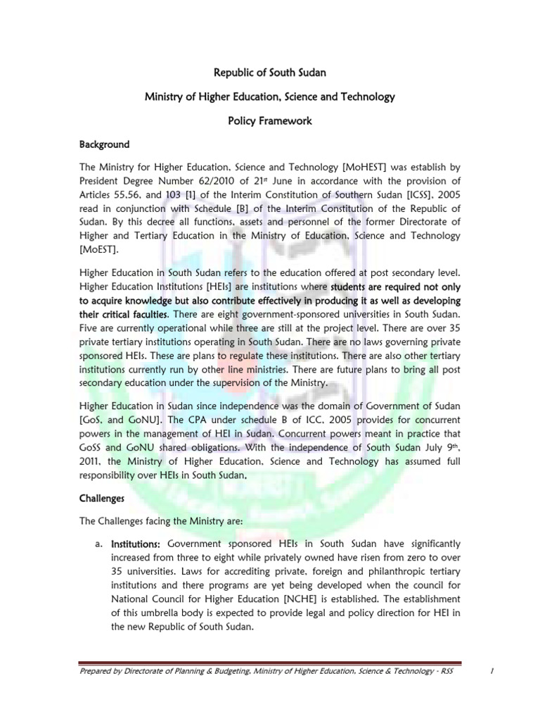 South Sudan Ministry of Higher Education Policy Framework Official ...