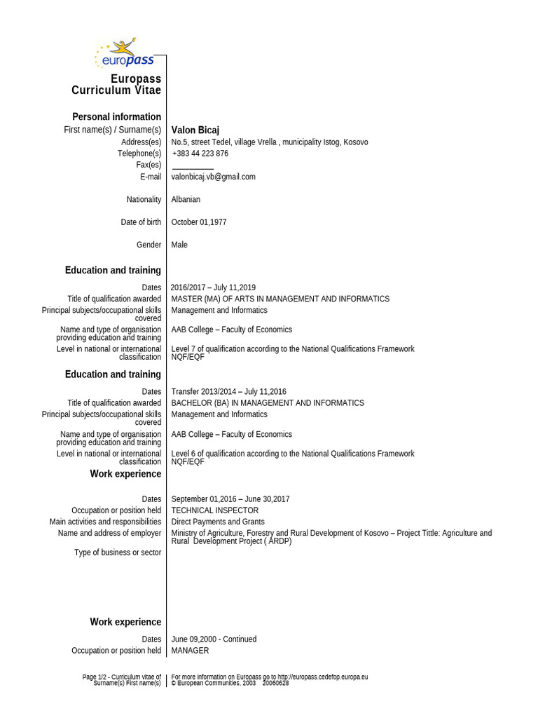 CV - Valon Bicaj | PDF