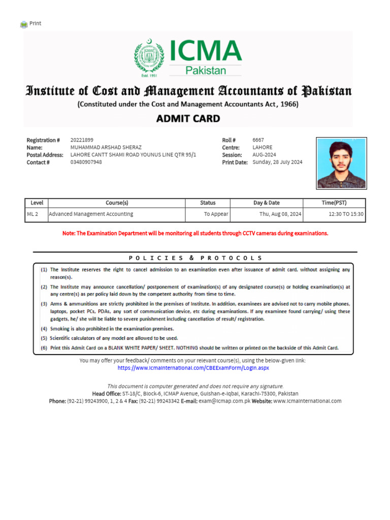 ICMA Pakistan - Online Examination Forms | PDF