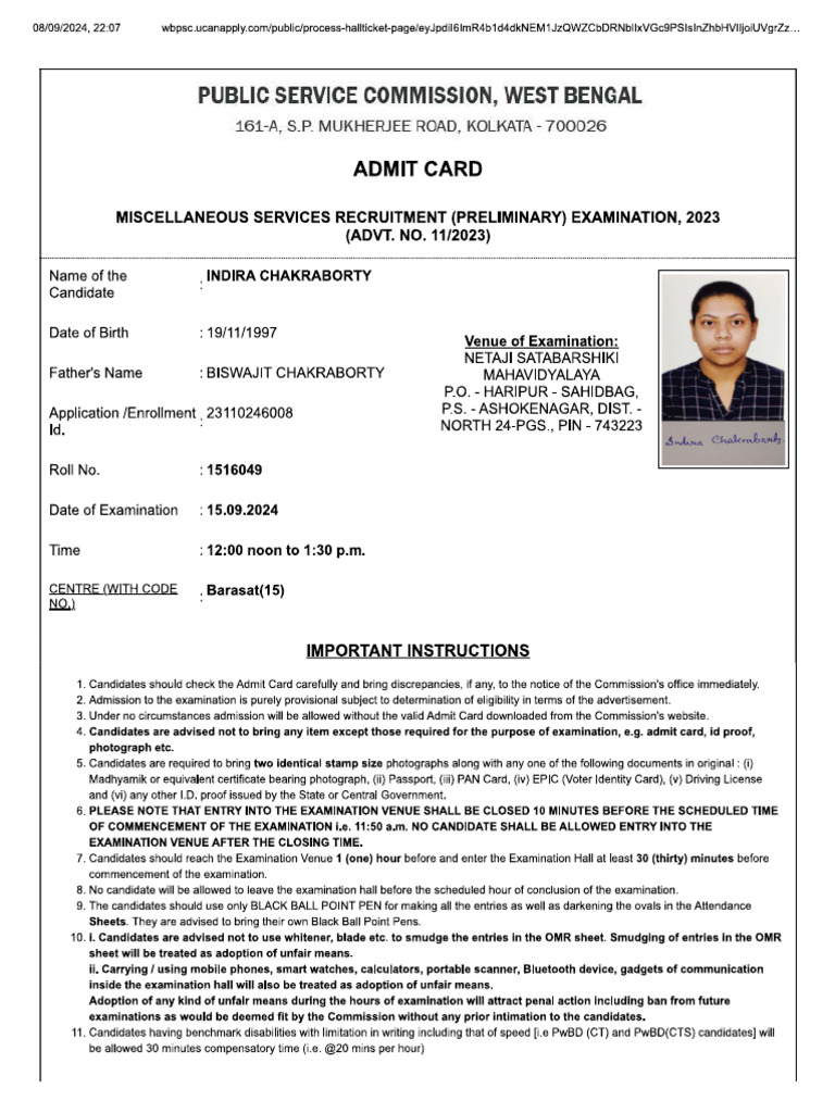 Wbcs Misc Admit Card | PDF