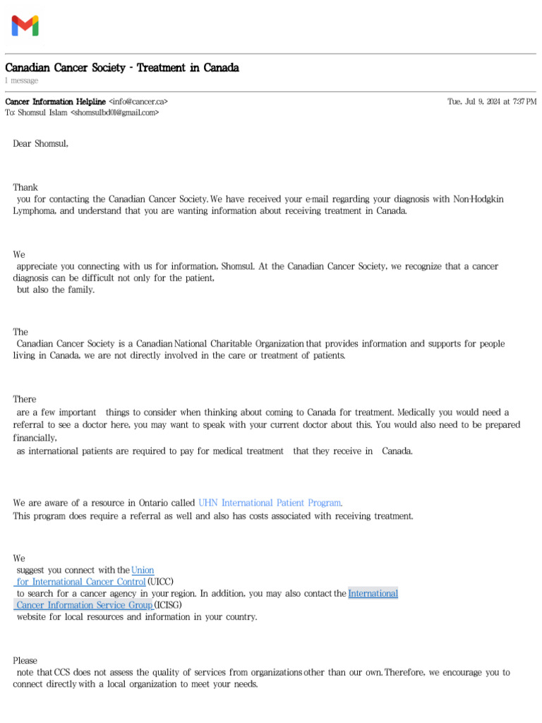 Gmail - Canadian Cancer Society - Treatment in Canada | PDF