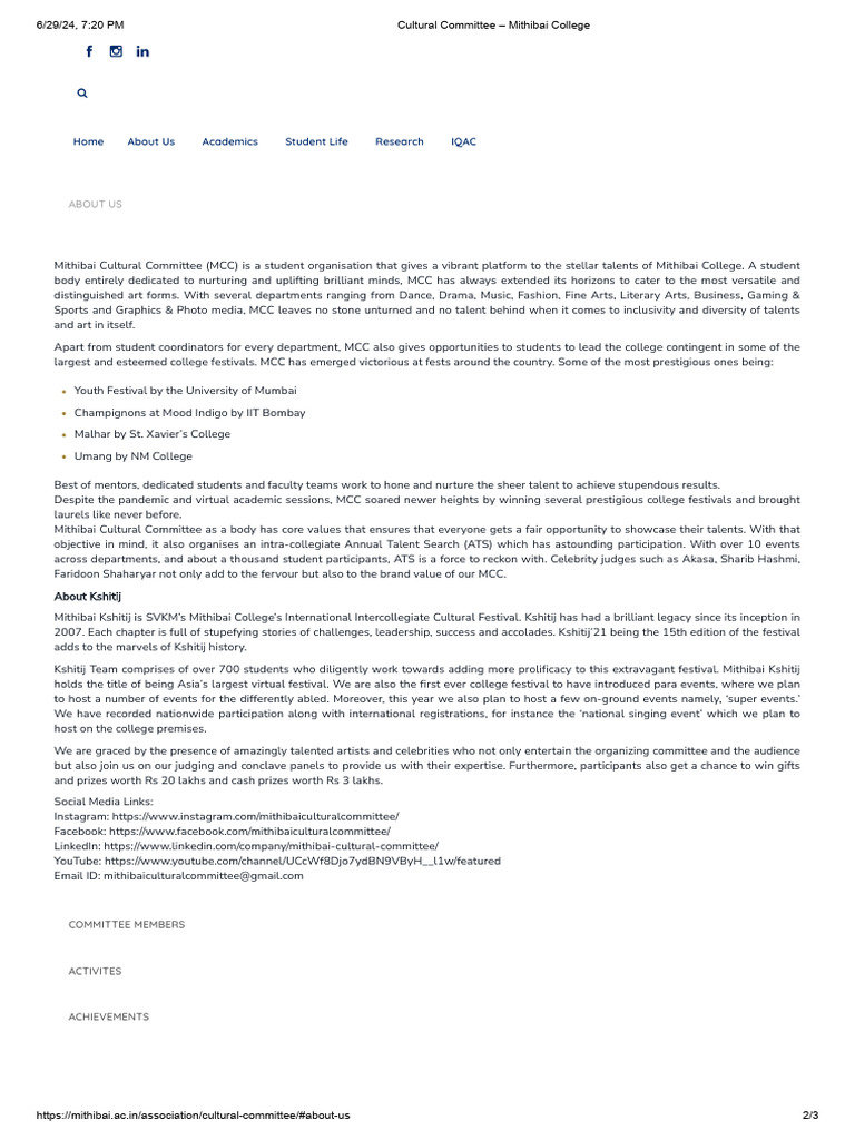 Cultural Committee - Mithibai College | PDF