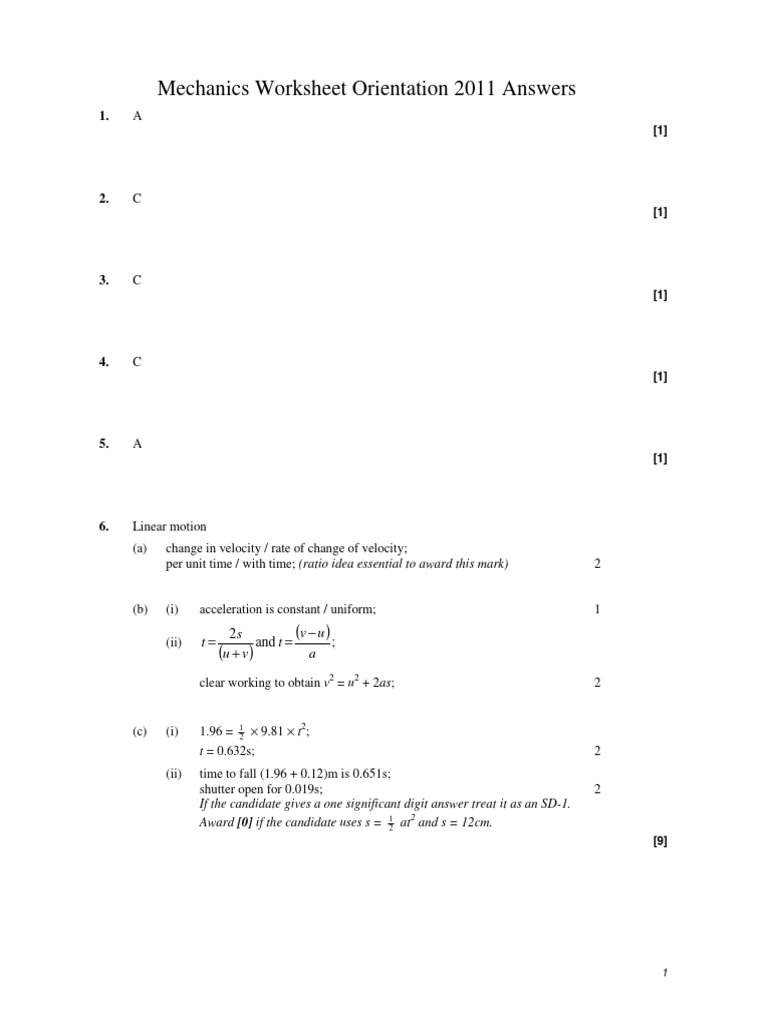 Mechanics Worksheet Orientation Answers | PDF