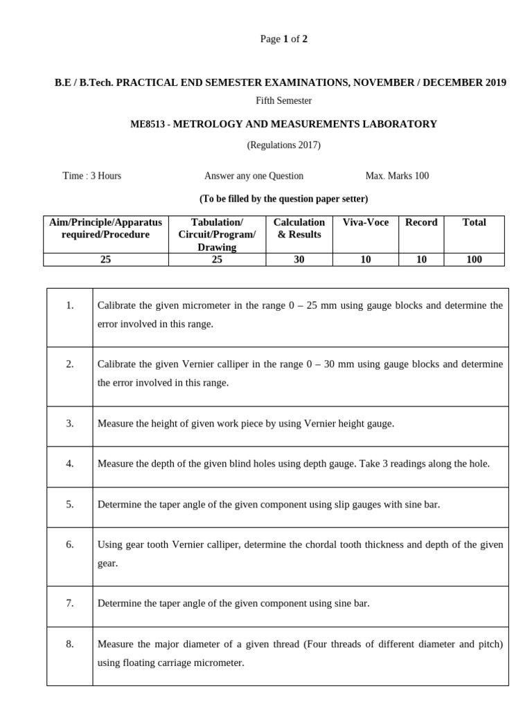 Metrology Lab Exam Questions 2019 | PDF | Gear | Metrology