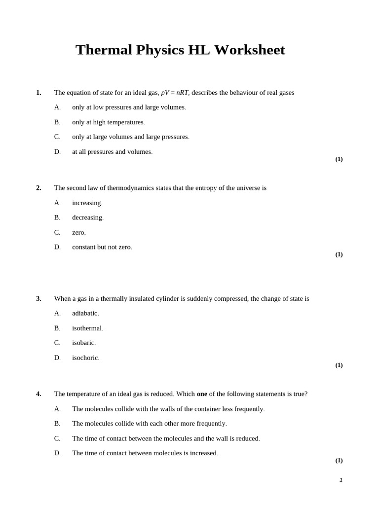 Thermal Physics HL Worksheet | PDF