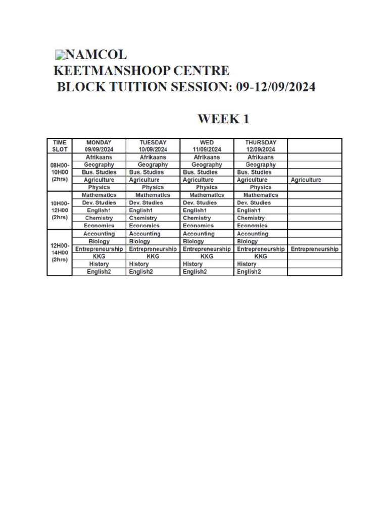 Block Tuition 3 TimeTable | PDF