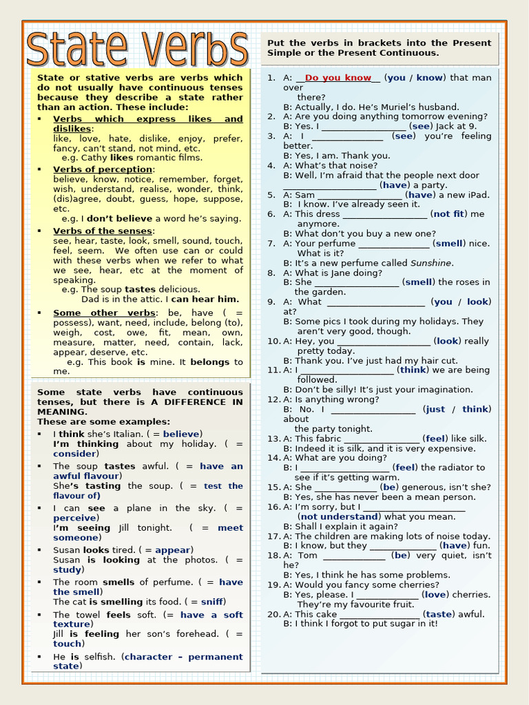 Stative or State Verbs Grammar Drills Grammar Guides Information Gap ...