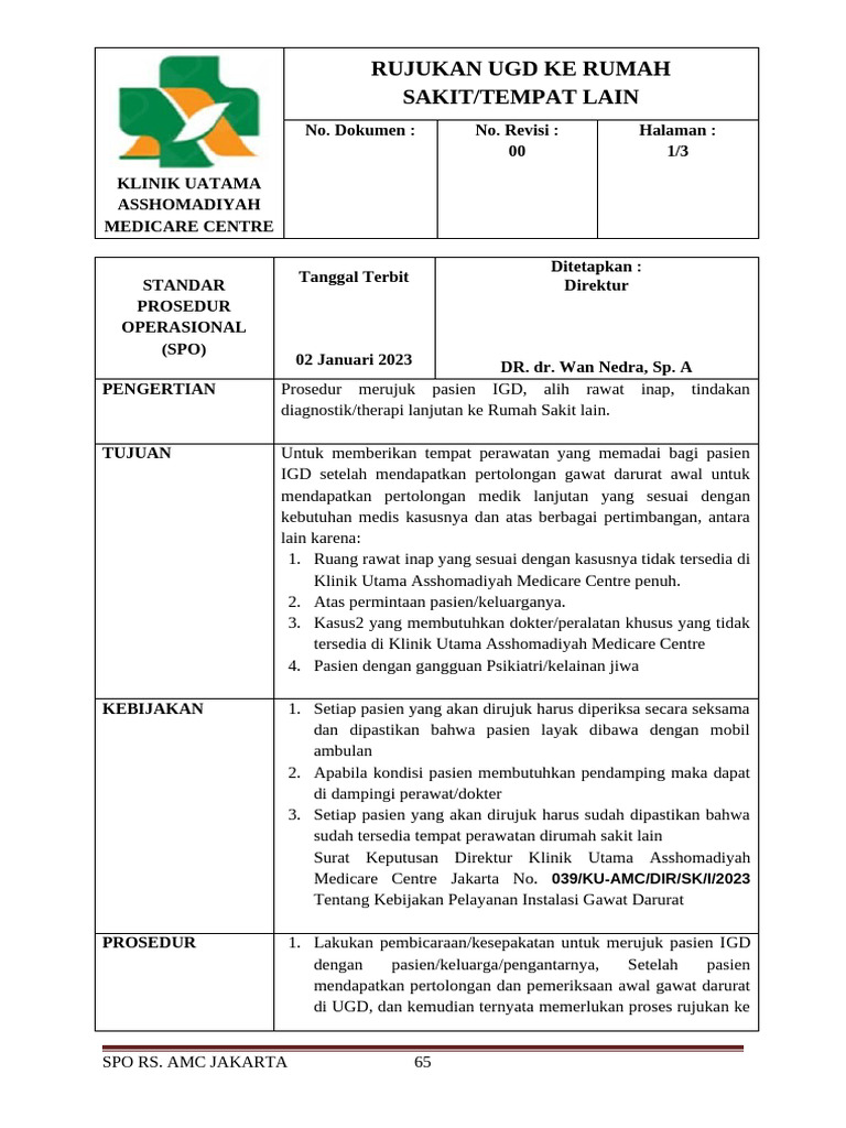 SOP RUJUKAN UGD KE RUMAH SAKIT Atau TEMPAT LAIN | PDF
