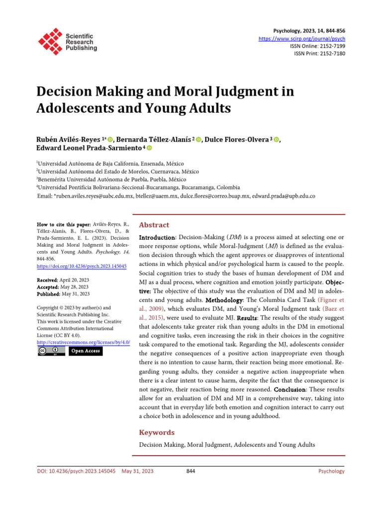 Decision Making and Moral Judgment in Adolescents and Young 1uqshei5 ...