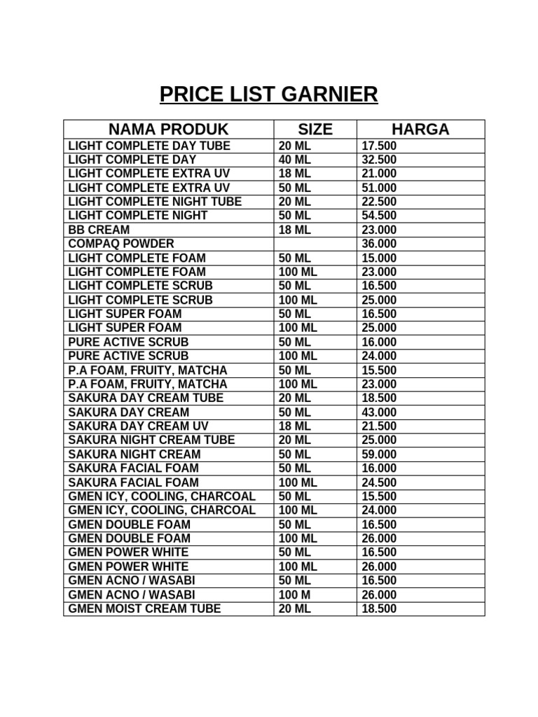 Price List Garnier | PDF