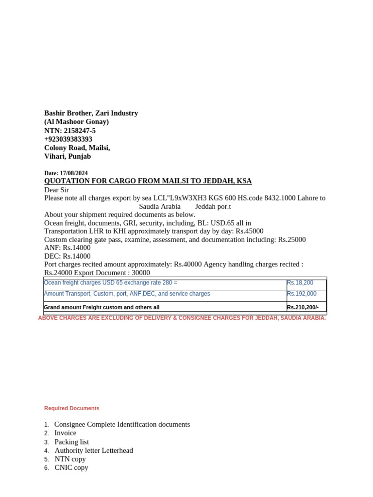 Bashir Brother Quotation | PDF