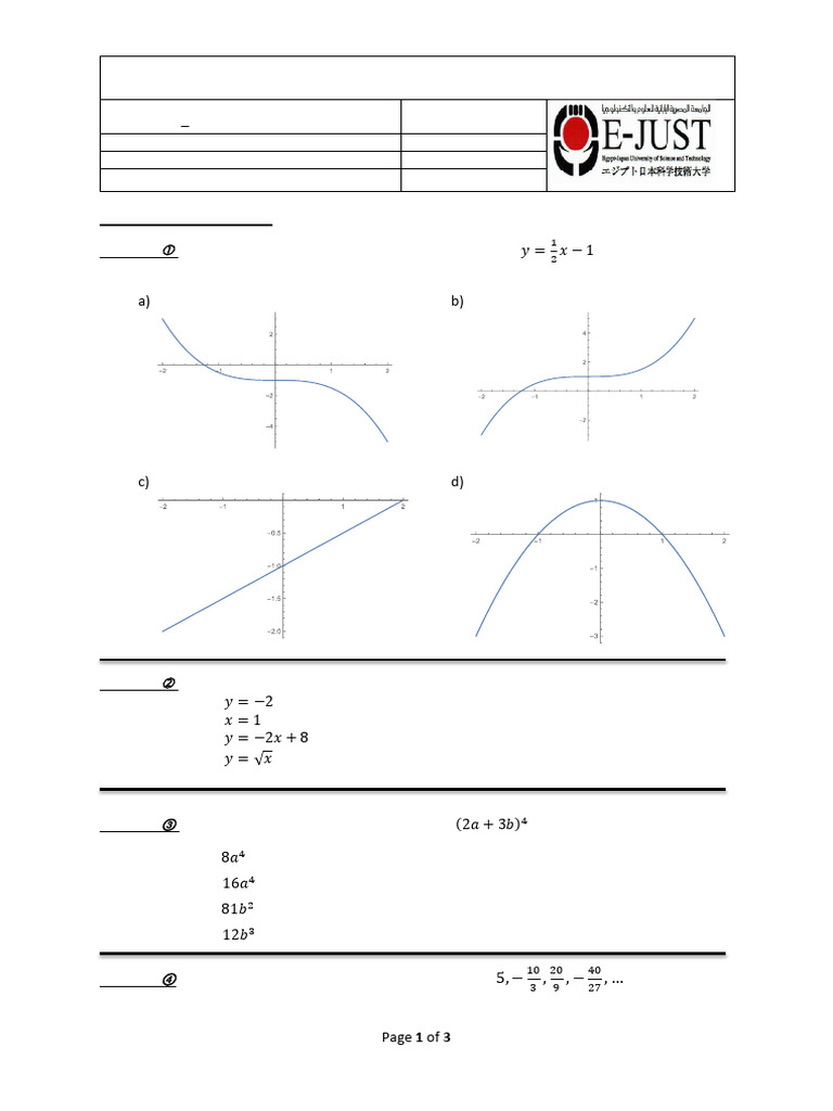 2023 - EJUST-Math1 - CSIT-BAS-Pharm-ART-Sample-Entrance-ExamEnglish | PDF | Function ...