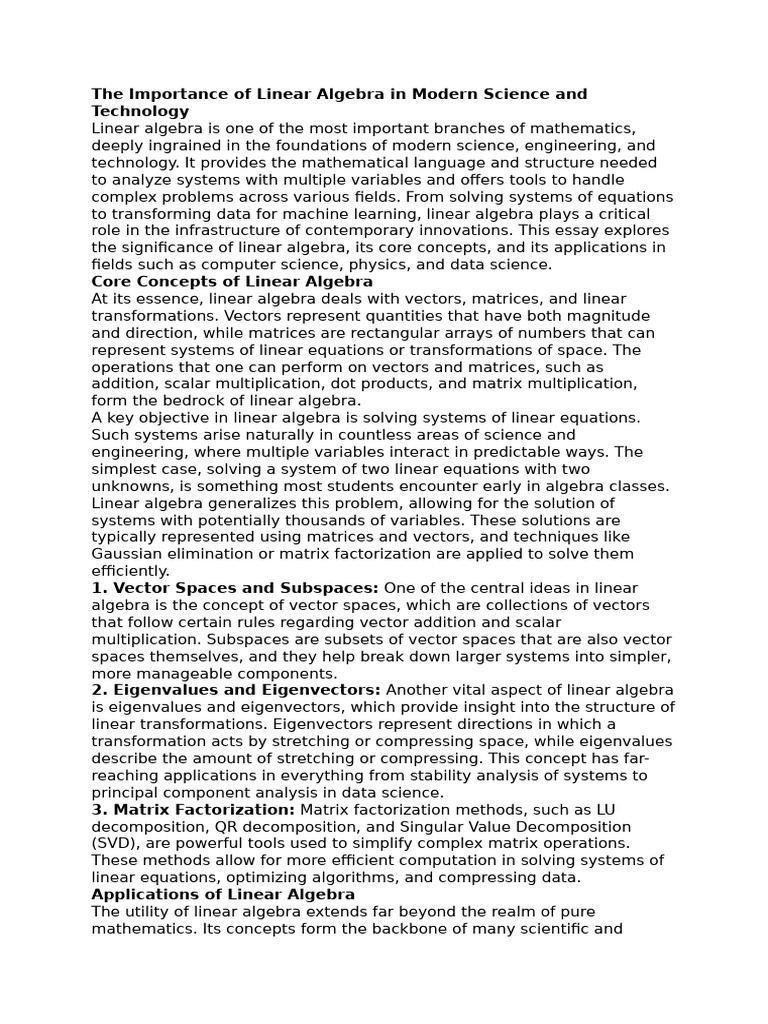 The Importance of Linear Algebra in Modern Science and Technology | PDF