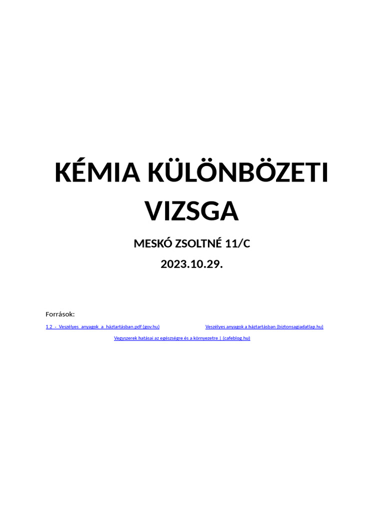 Vegyszerek A Háztartásban Vizsga Anyag | PDF
