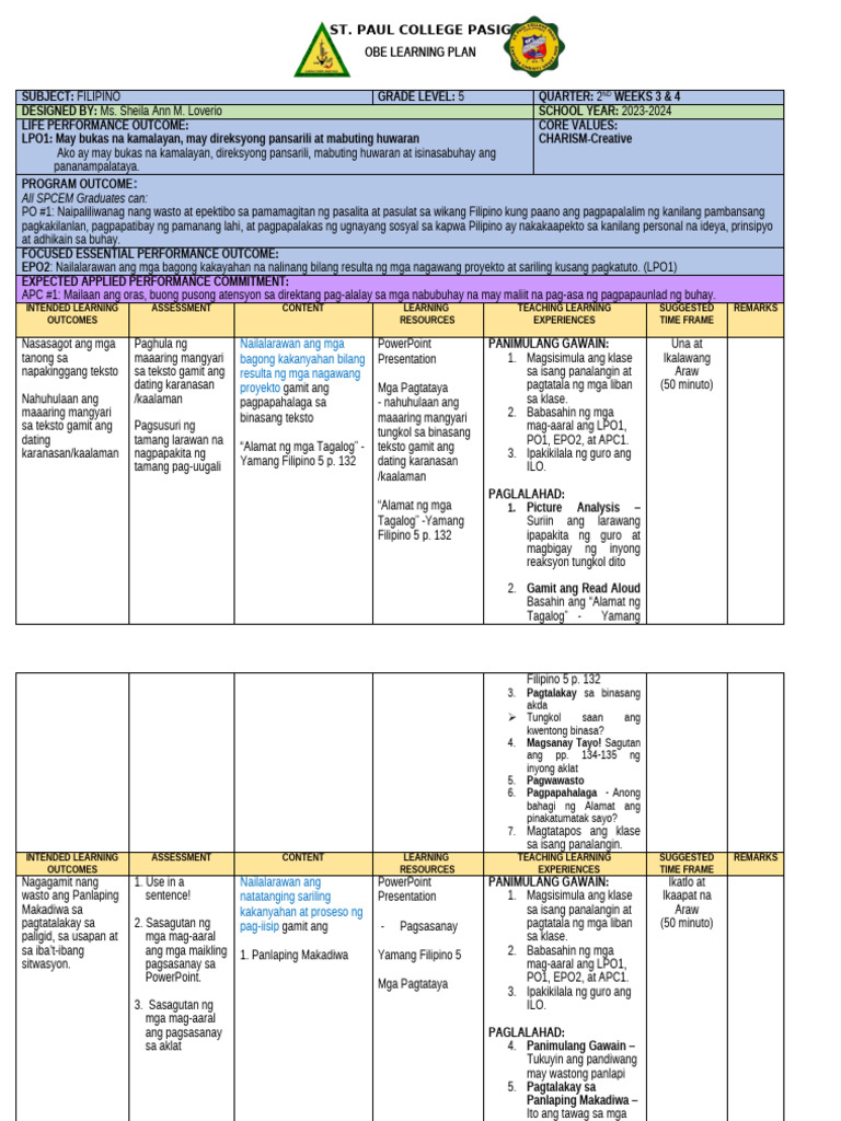 Q2_G5 WEEK 3-4 LEARNING PLAN | PDF