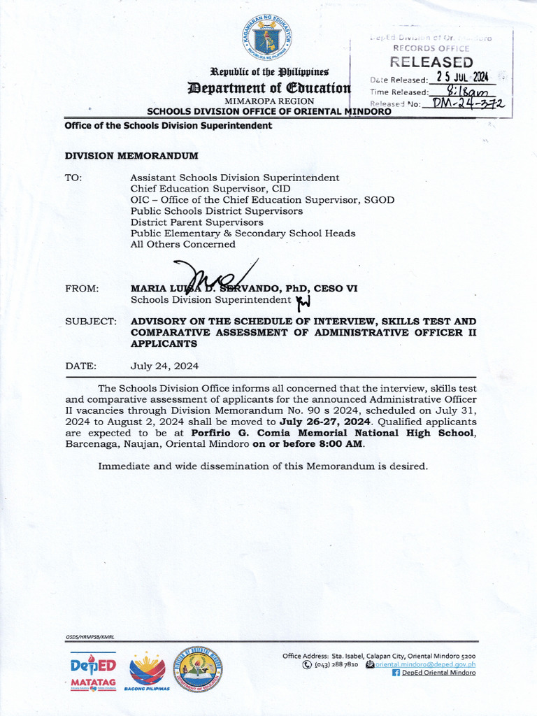 DM Advisory On The Schedule of Interview Skills Test and Comparative ...