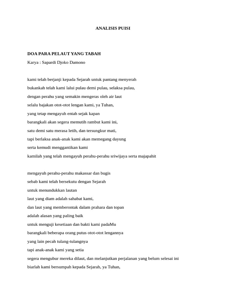 Analisis Puisi Doa para Pelaut Yang Tabah Karya Sapardi Djoko Damono | PDF
