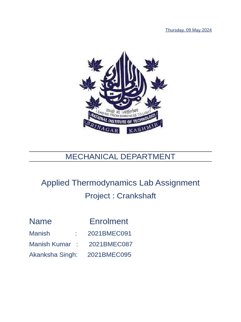 Crankshaft Applied Thermodynamic Assignment | PDF | Engines | Internal Combustion Engine