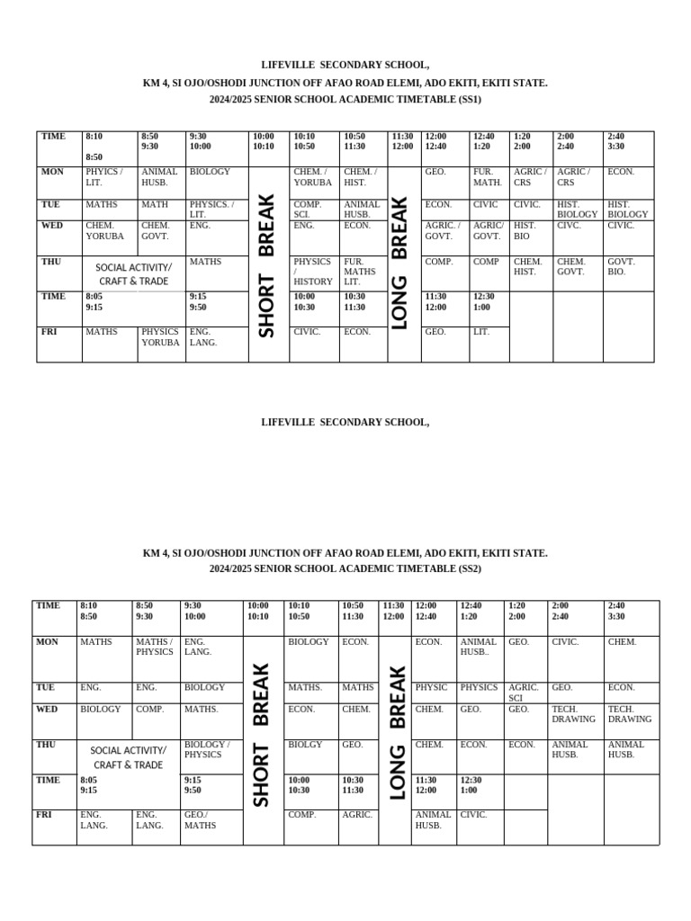SS1 and SS2 - New Timetable | PDF