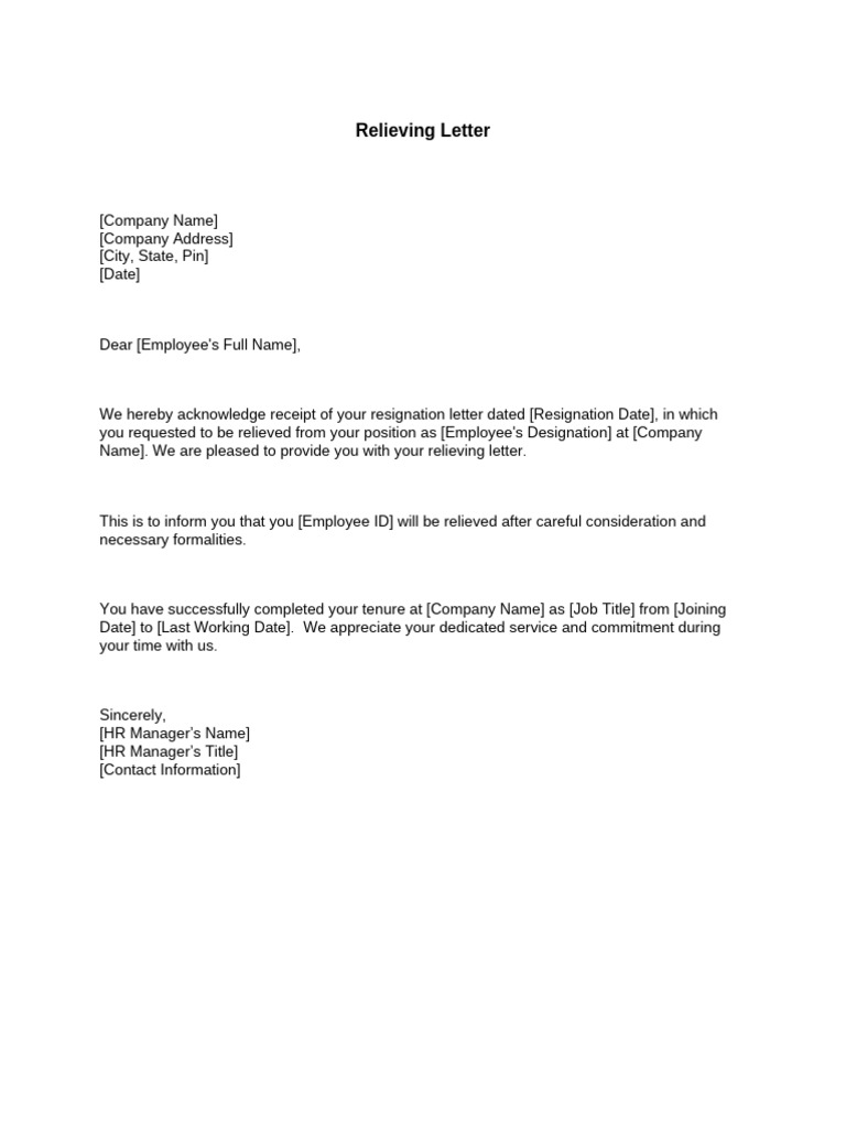 Relieving Letter Format | PDF