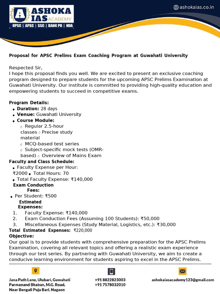 Proposal For APSC Prelims Exam Coaching Program at Guwahati University ...
