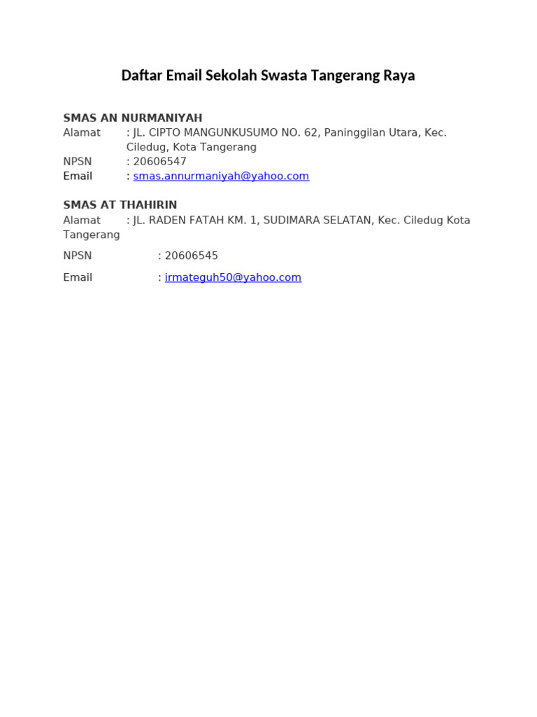 Daftar Email Sekolah Swasta Tangerang Raya | PDF