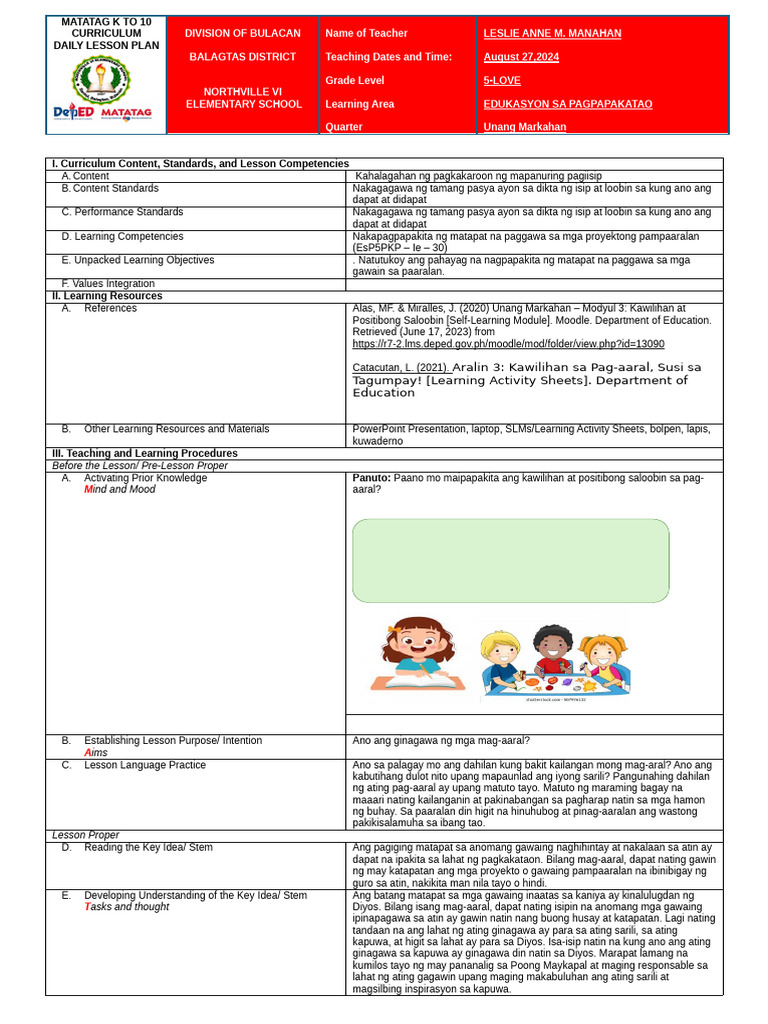 MATATAG DAILY LESSON PLAN ESP August 27 2024 | PDF