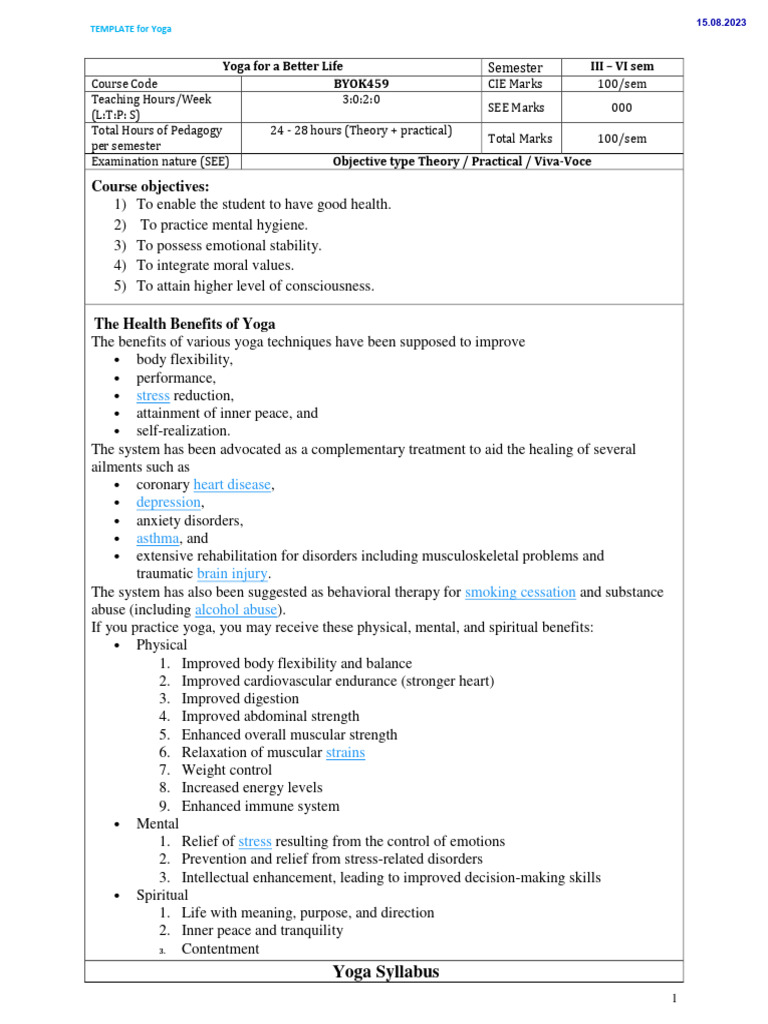 Yoga Syllabus BSCK359 | PDF