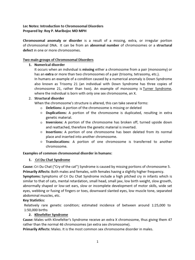 Chromosomal Disorders | PDF