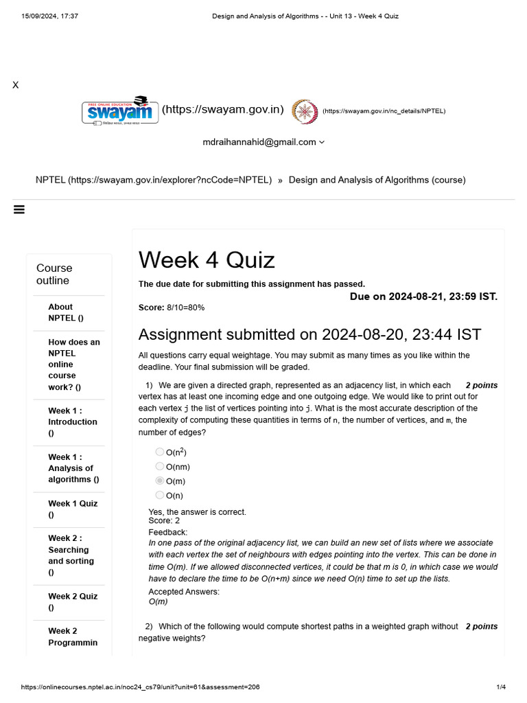 Design and Analysis of Algorithms - Unit 13 - Week 4 Quiz | PDF