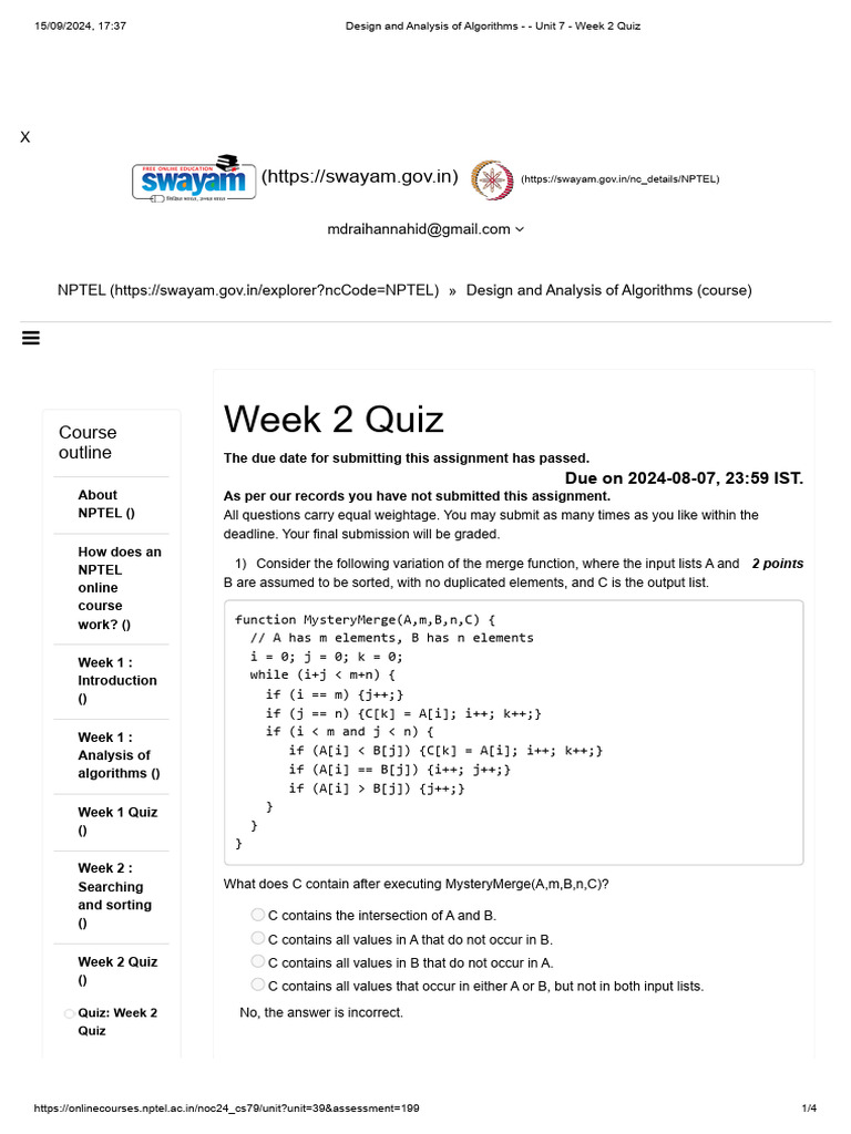 Design and Analysis of Algorithms - Unit 7 - Week 2 Quiz | PDF