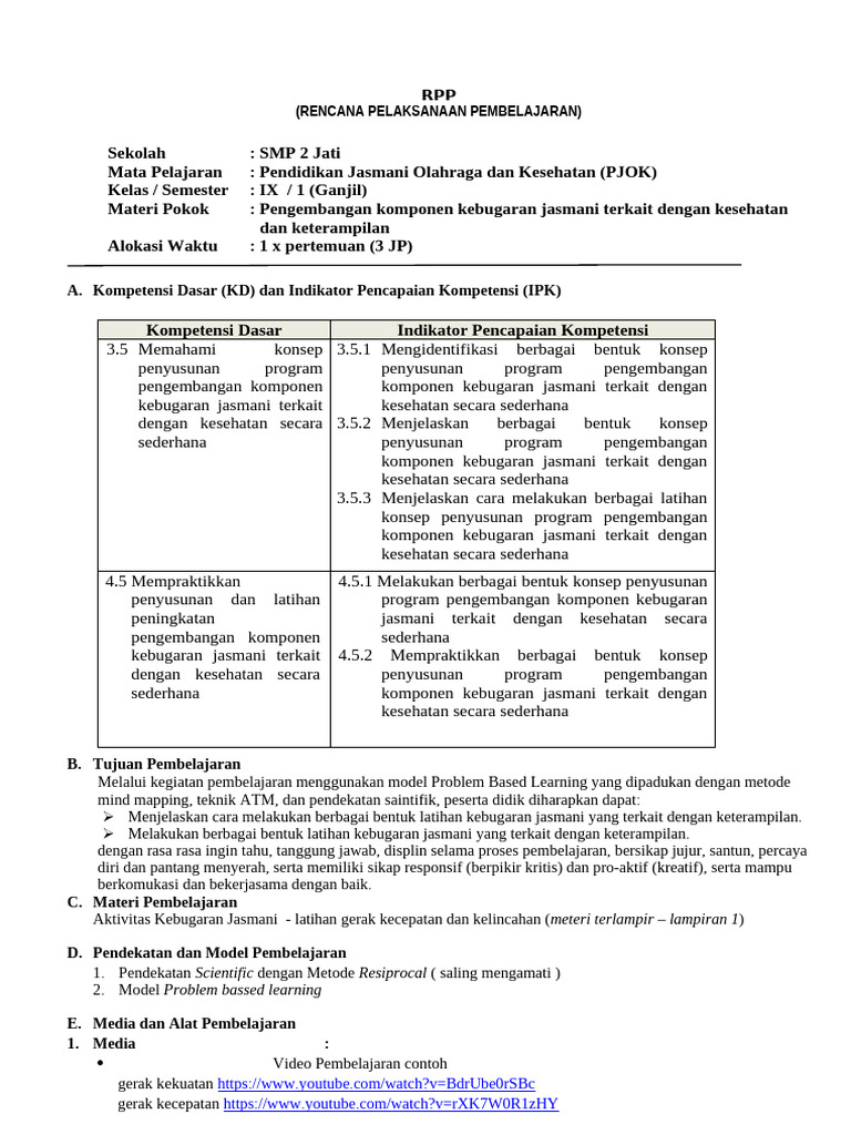 RPP Kebugaran Jasmani Kelas 9 (Problem Based Learning) | PDF