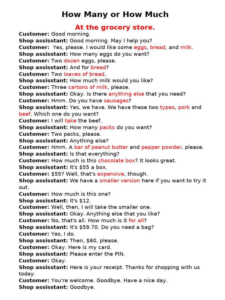 How Many or How Much - Grocery Store Vocabulary - English Conversation ...