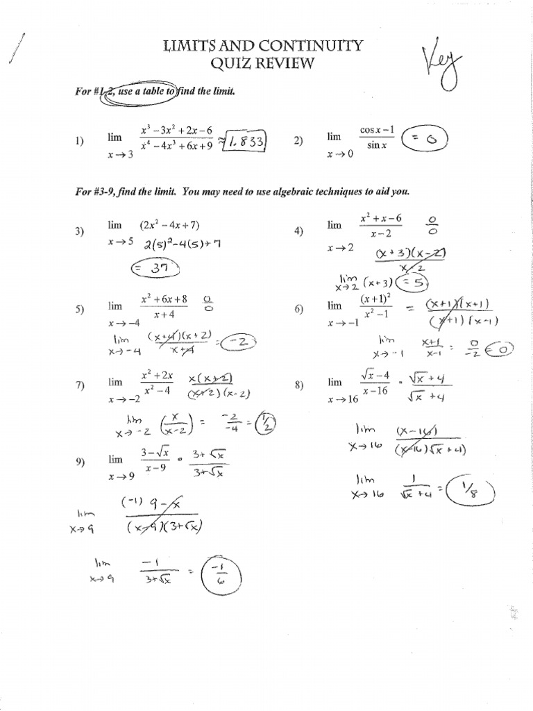 Limits Quiz Review Answers | PDF