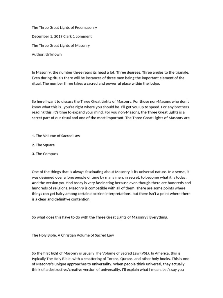 The Three Great Lights of Freemasonry | PDF