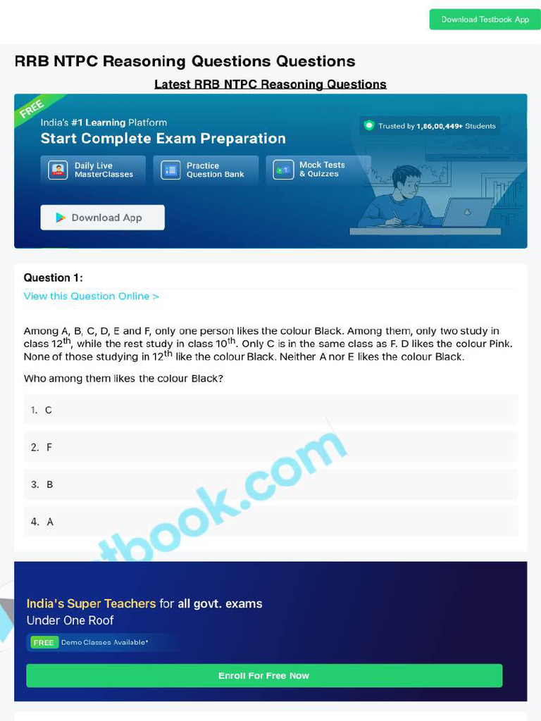 RRB NTPC Reasoning Questions 64b552a693b0e1639c17edb4 | PDF