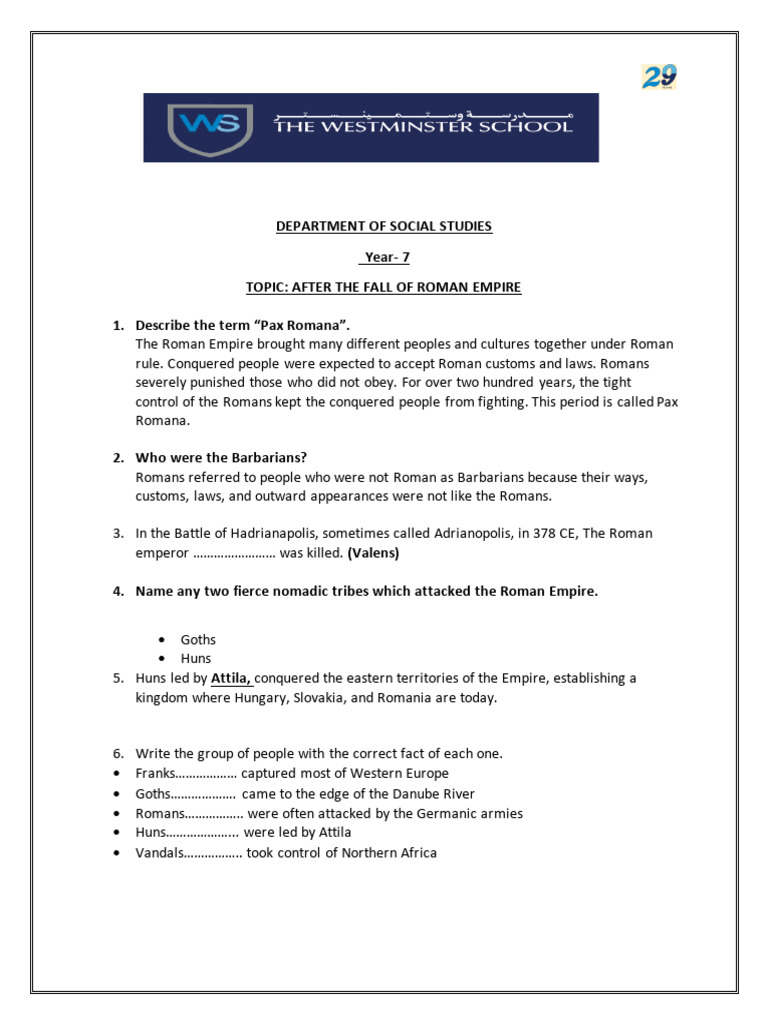 Y7-WS-After The Fall of Roman Empire - Answer Key | PDF