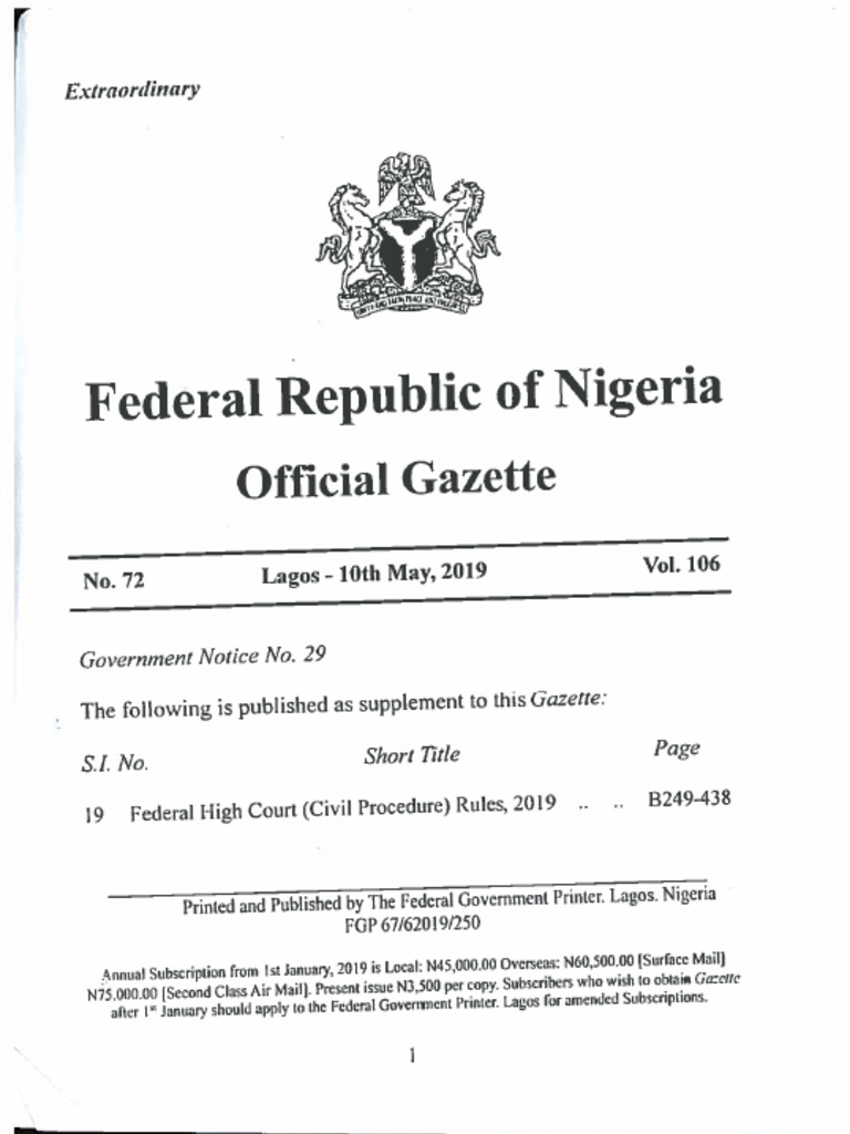 FHC Rules 2019 Federal High Court Civil Procedure Rules 2019 1 | PDF