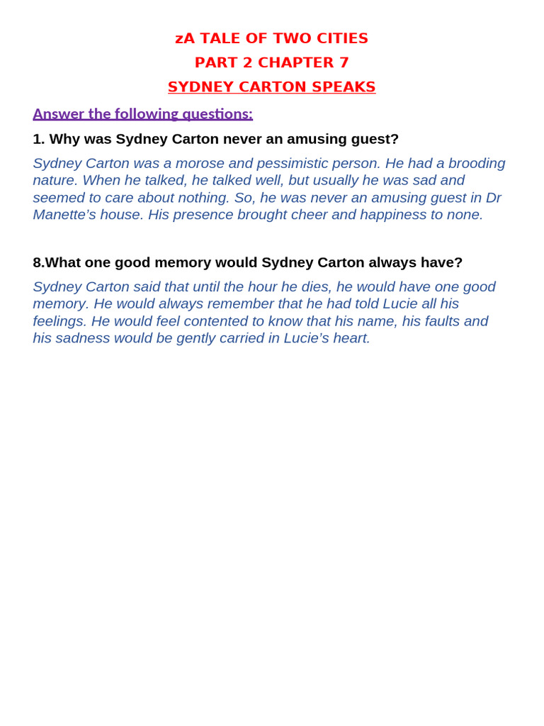 Class Vii - English - A Tale of Two Cities - Part 2 Chapter 7 - Q and A | PDF