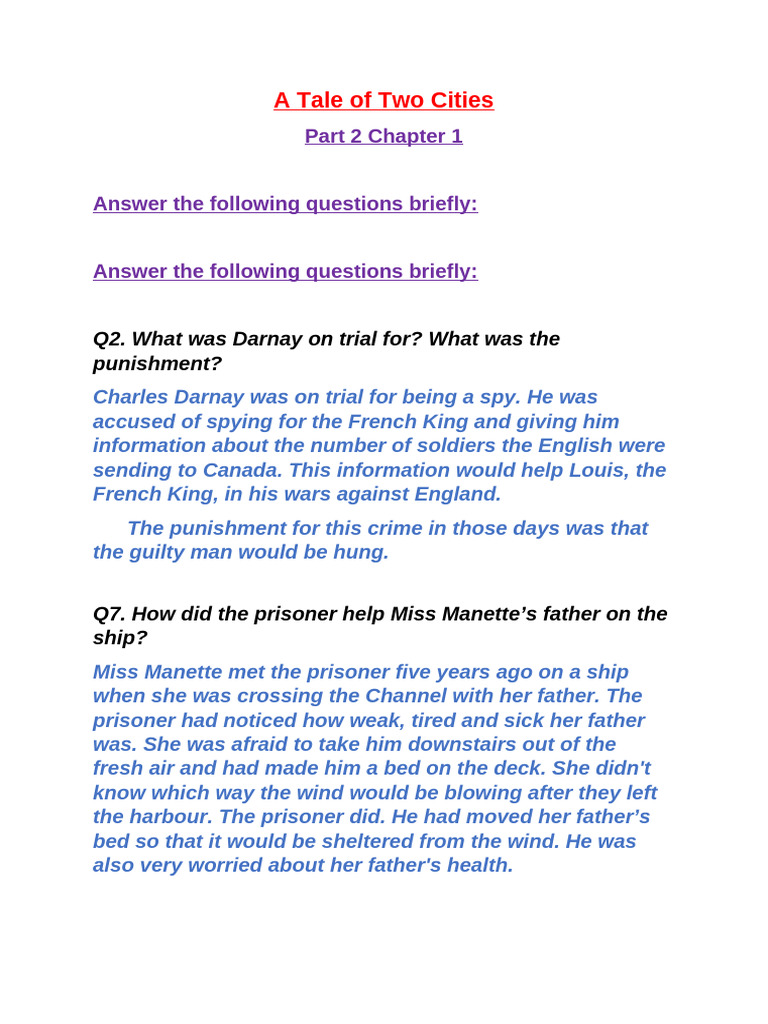 Class Vii - English - A Tale of Two Cities Part 2 CH 1 - Q and A | PDF