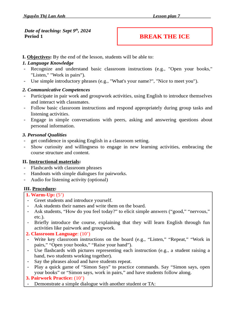 P 1 - Break The Ice - Lesson Plan 7 | PDF