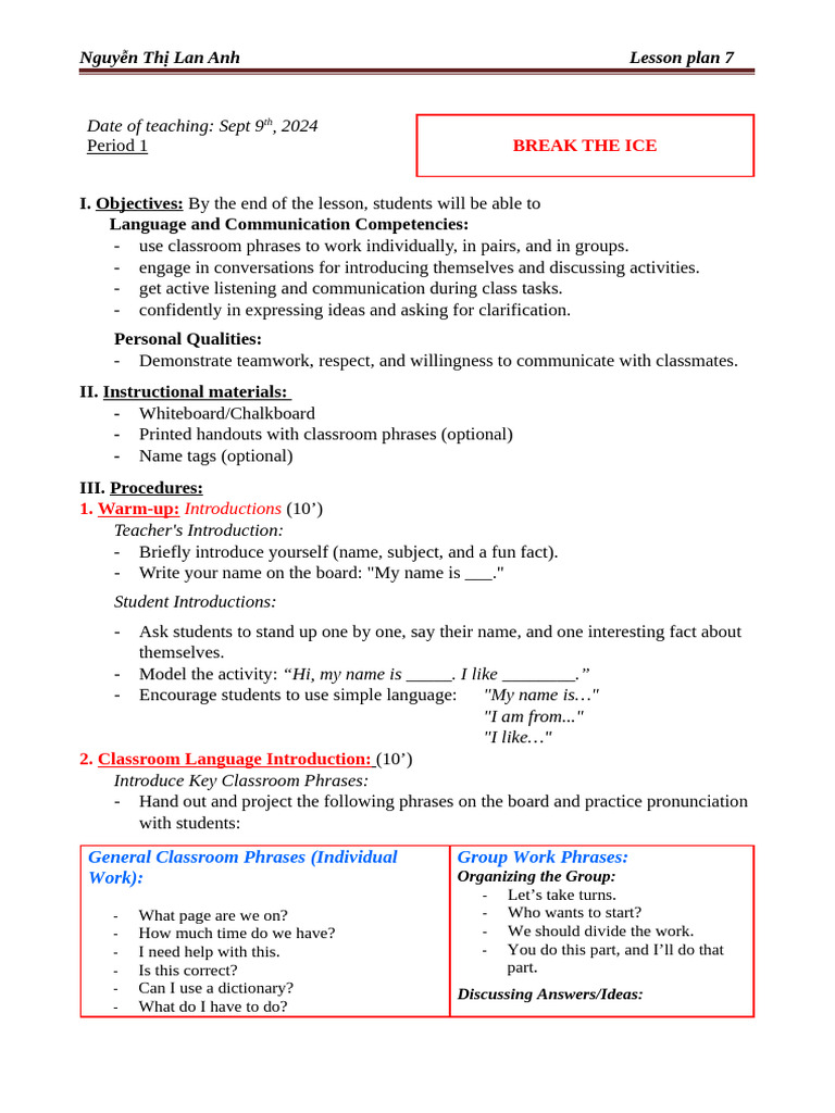 p1 - Break The Ice - Lesson Plan 7 | PDF