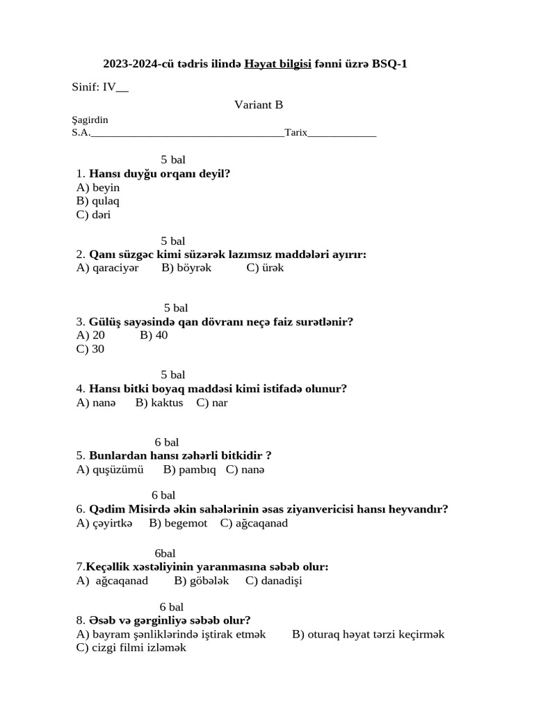 BSQ Həyat Bilgisi B | PDF