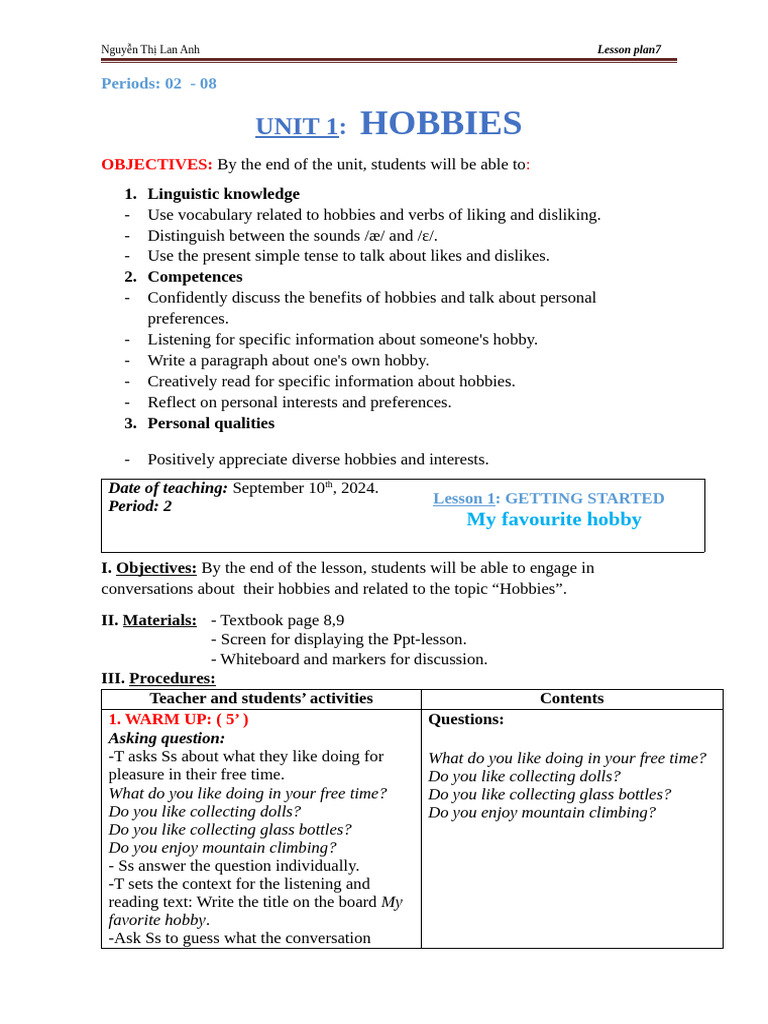 Unit 1 - Lesson Plan 7 (P1-P8) | PDF