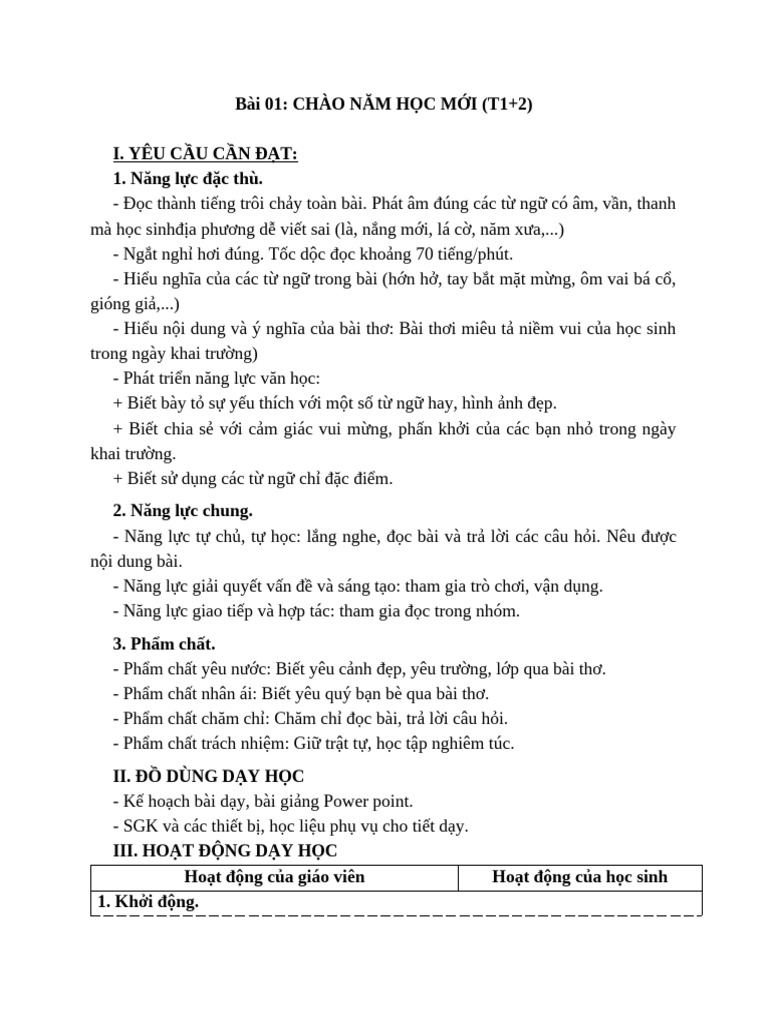 KHBD Tiếng Việt 3 Bài 1 | PDF