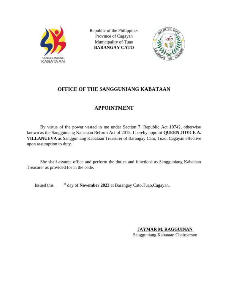 Appointment - SK Treasurer and Sec | PDF