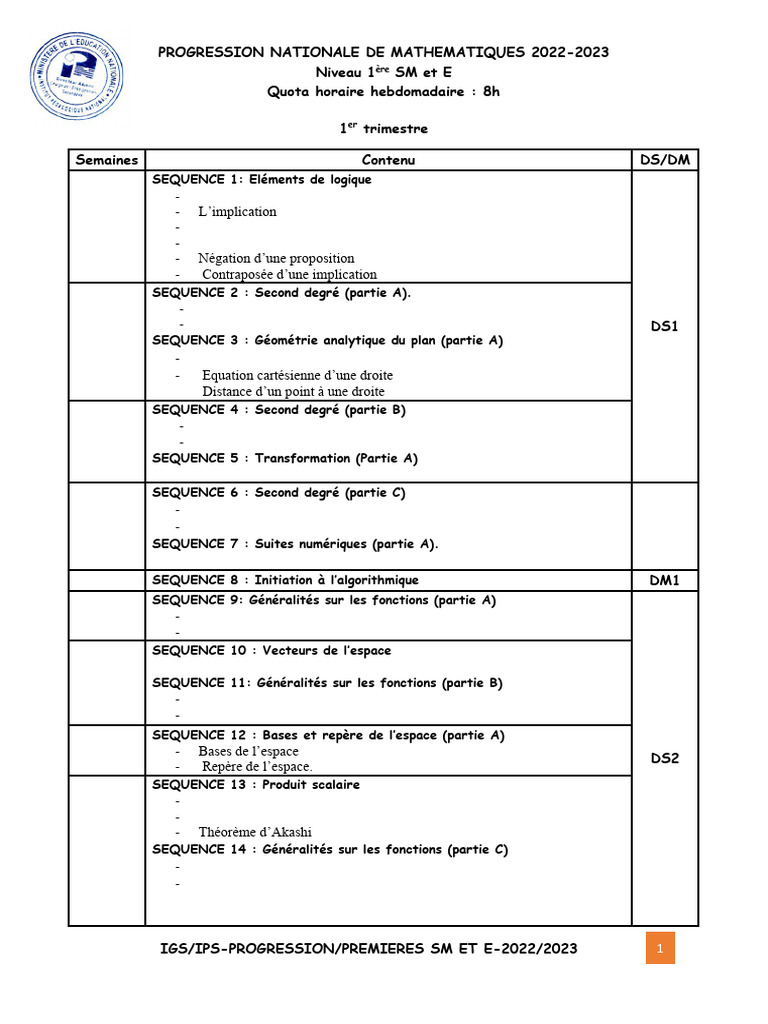 progression1eres S et SI -2022-2023-IPN-IGS | PDF